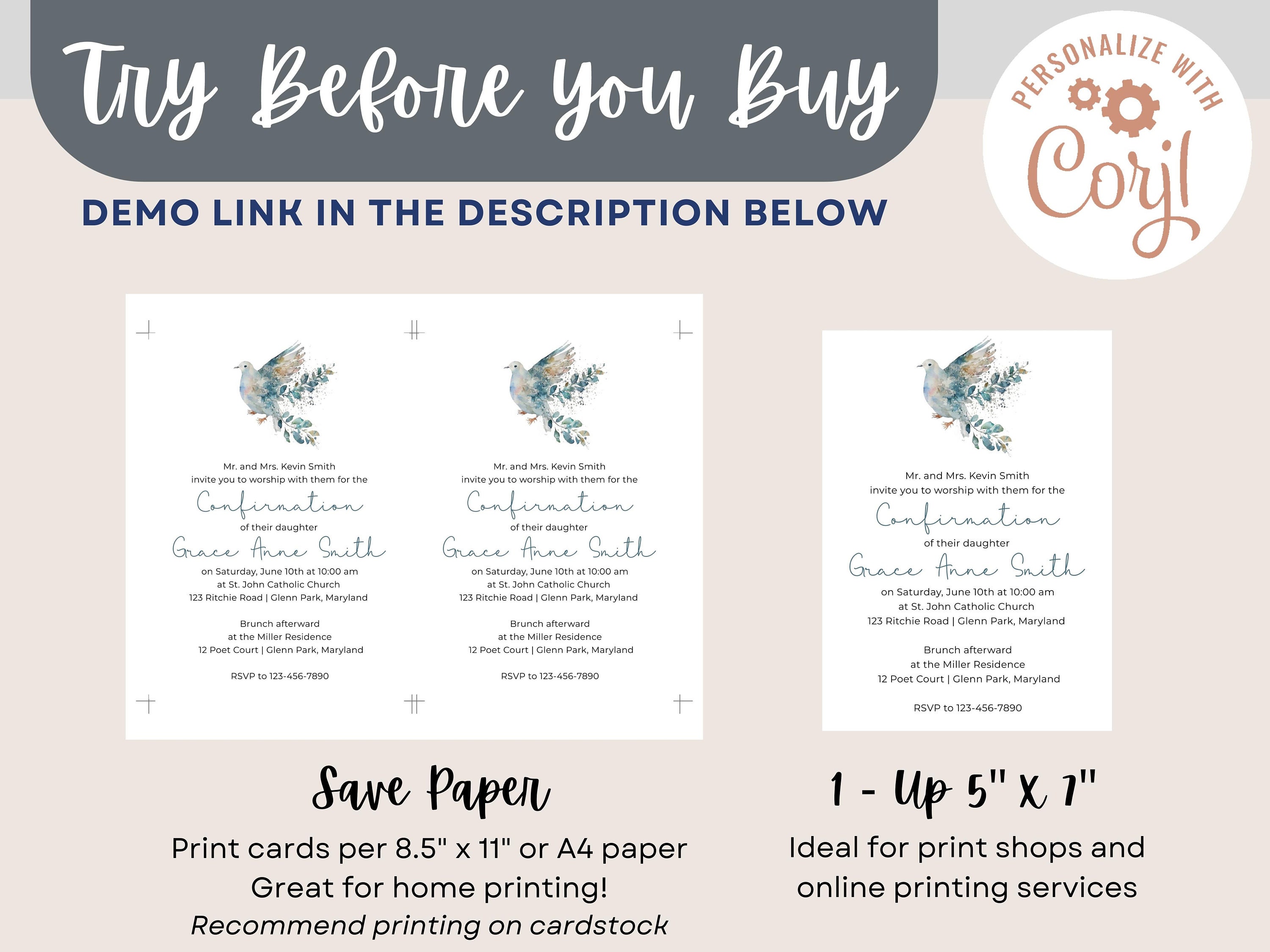 Watercolor Floral Dove Confirmation Invitation Template - Etsy