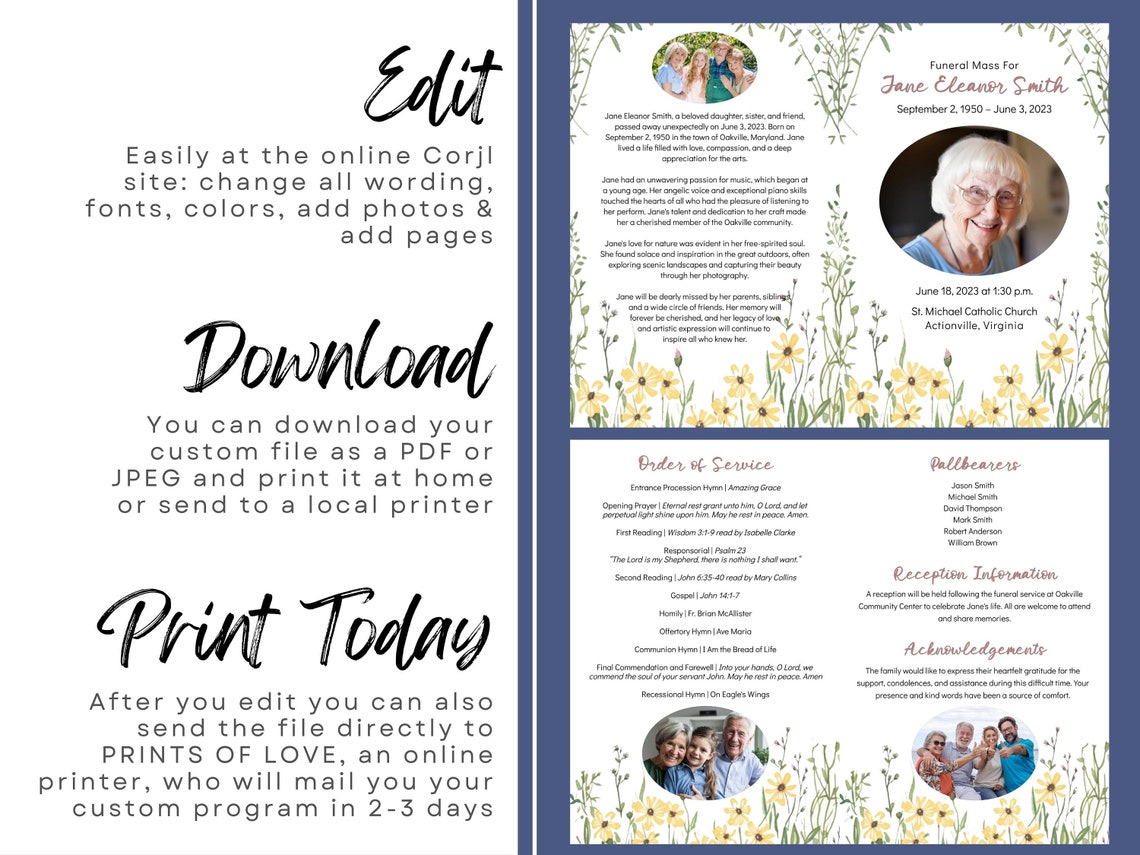 Floral Garden Funeral Program Template for Woman Editable Photo ...