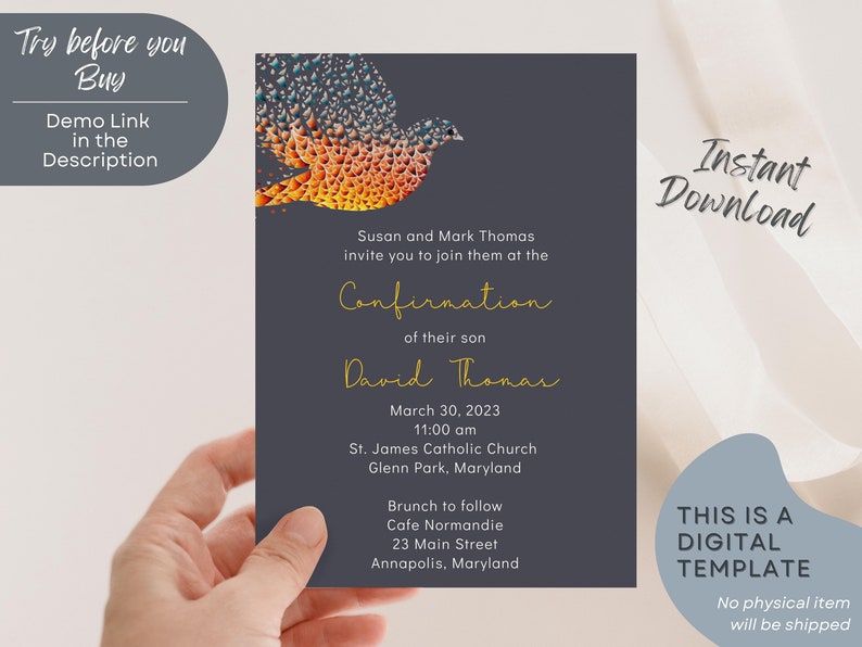 Dove Confirmation Invitation Template Editable Gray Boy Confirmation ...