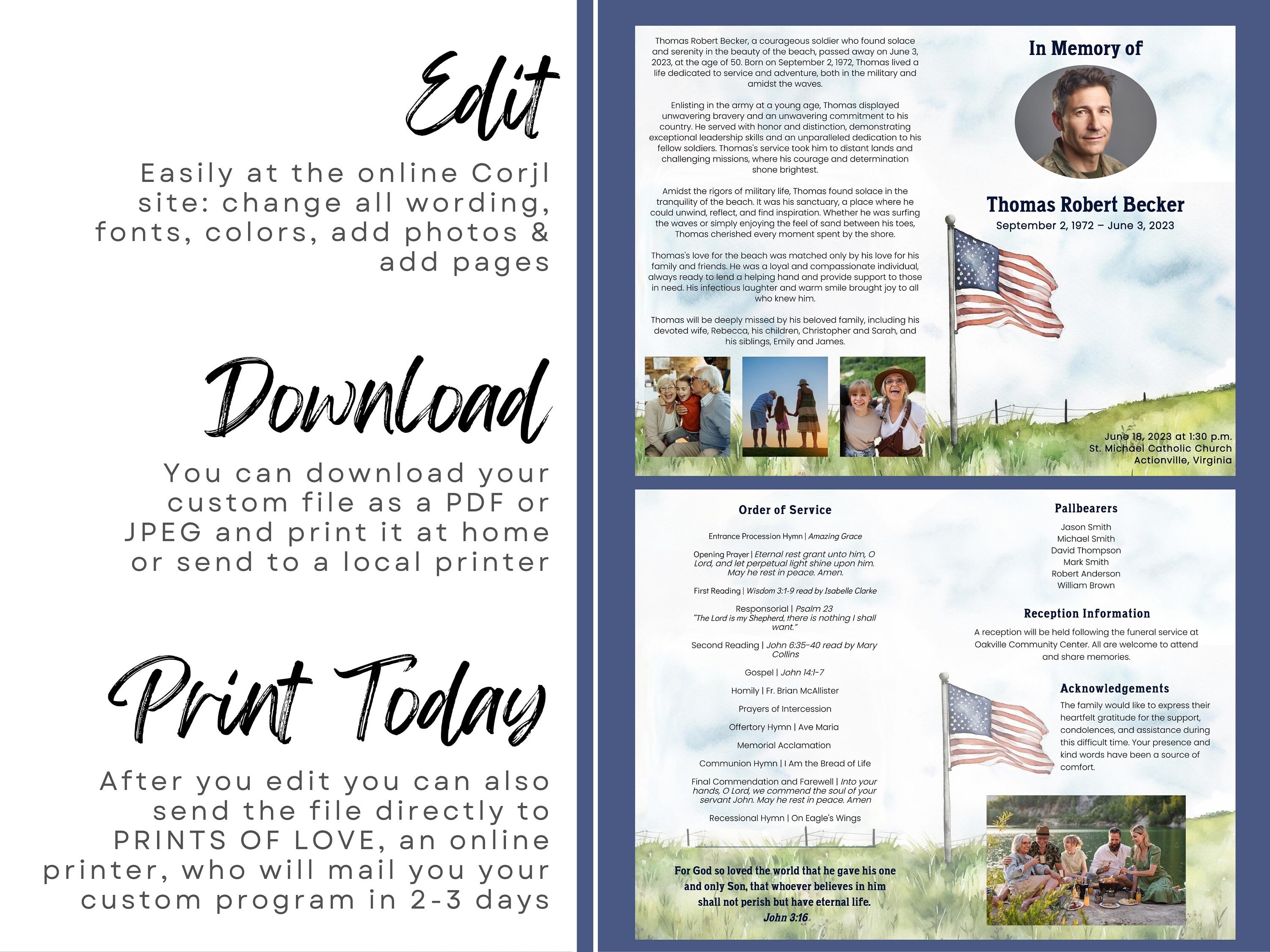 Watercolor American Flag Funeral Program Template | Man or Woman ...