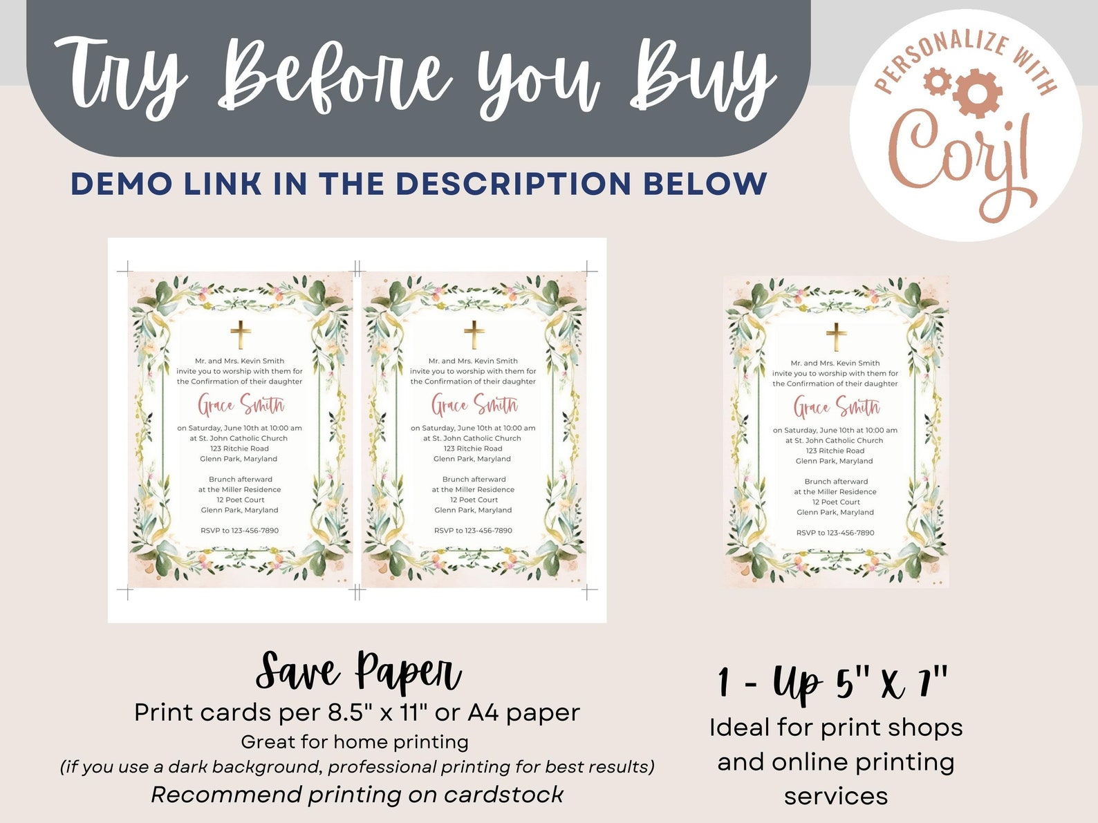 Flower Confirmation Invitation Template Editable Rustic Cross Girl ...