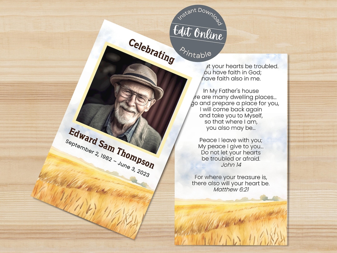 Watercolor Wheat Field Funeral Prayer Card Template (digital) - Etsy