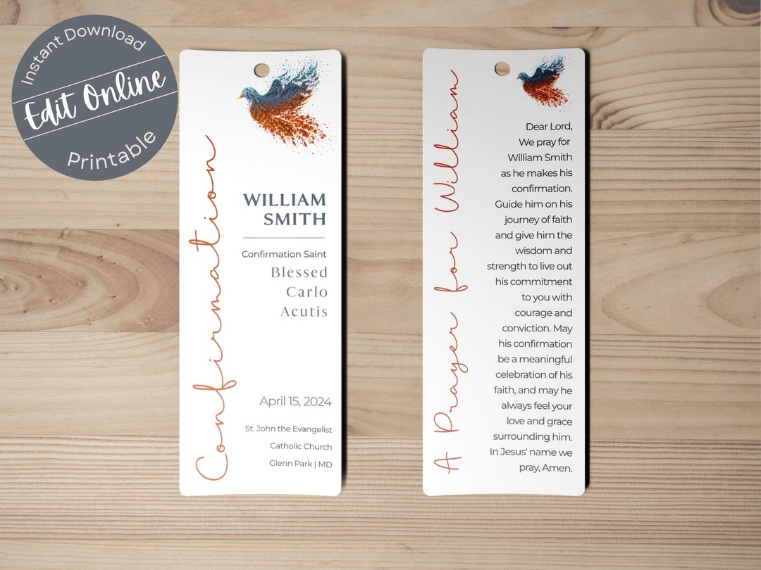 Modern Dove Confirmation Favor Bookmark Template | Editable Holy Spirit ...