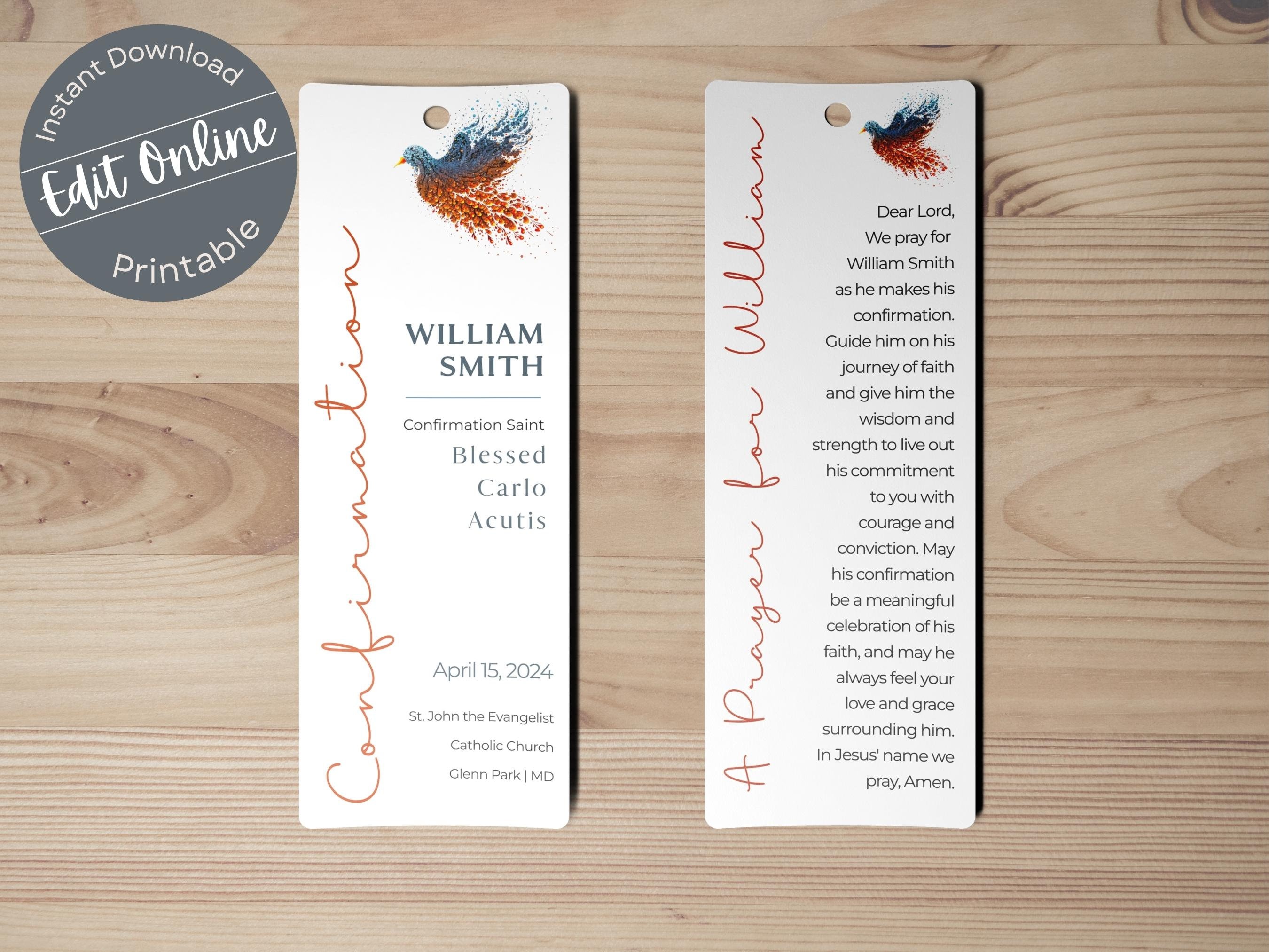 Modern Dove Confirmation Favor Bookmark Template Editable Holy Spirit ...