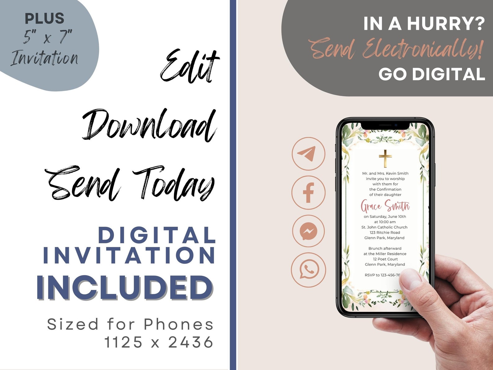 Flower Confirmation Invitation Template Editable Rustic Cross Girl ...