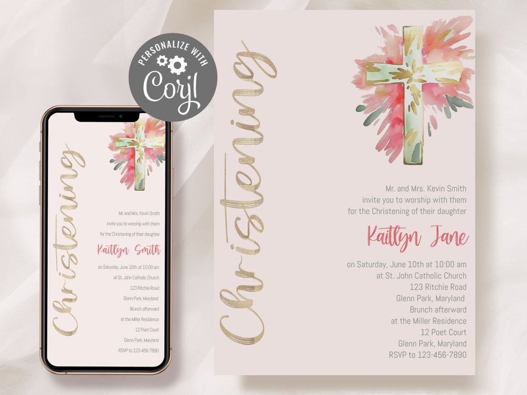 Watercolor Light Pink Cross Girl Baptism Invitation Modern Printable ...