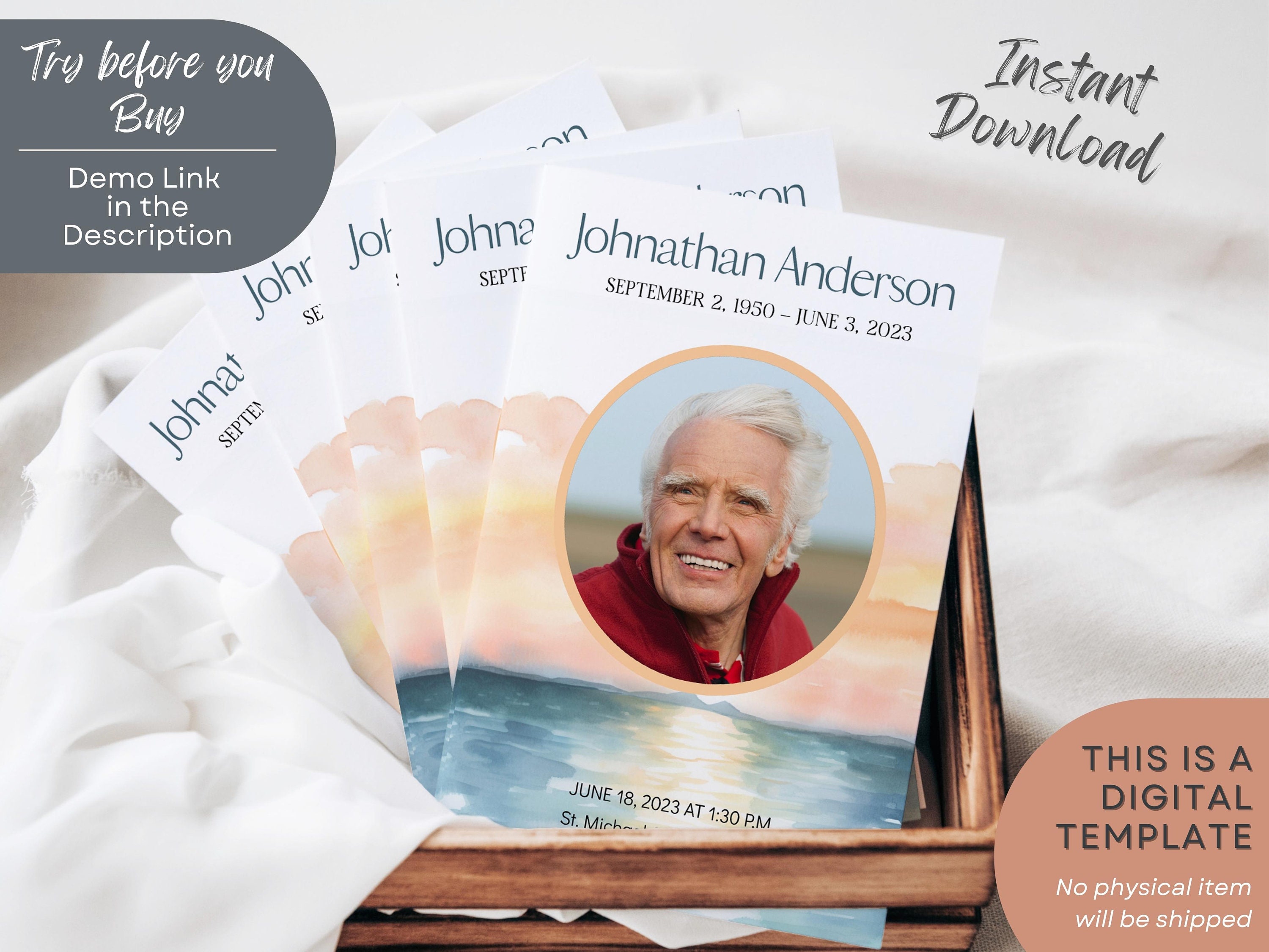 Watercolor Ocean Funeral Program Template for Man or Woman Editable ...