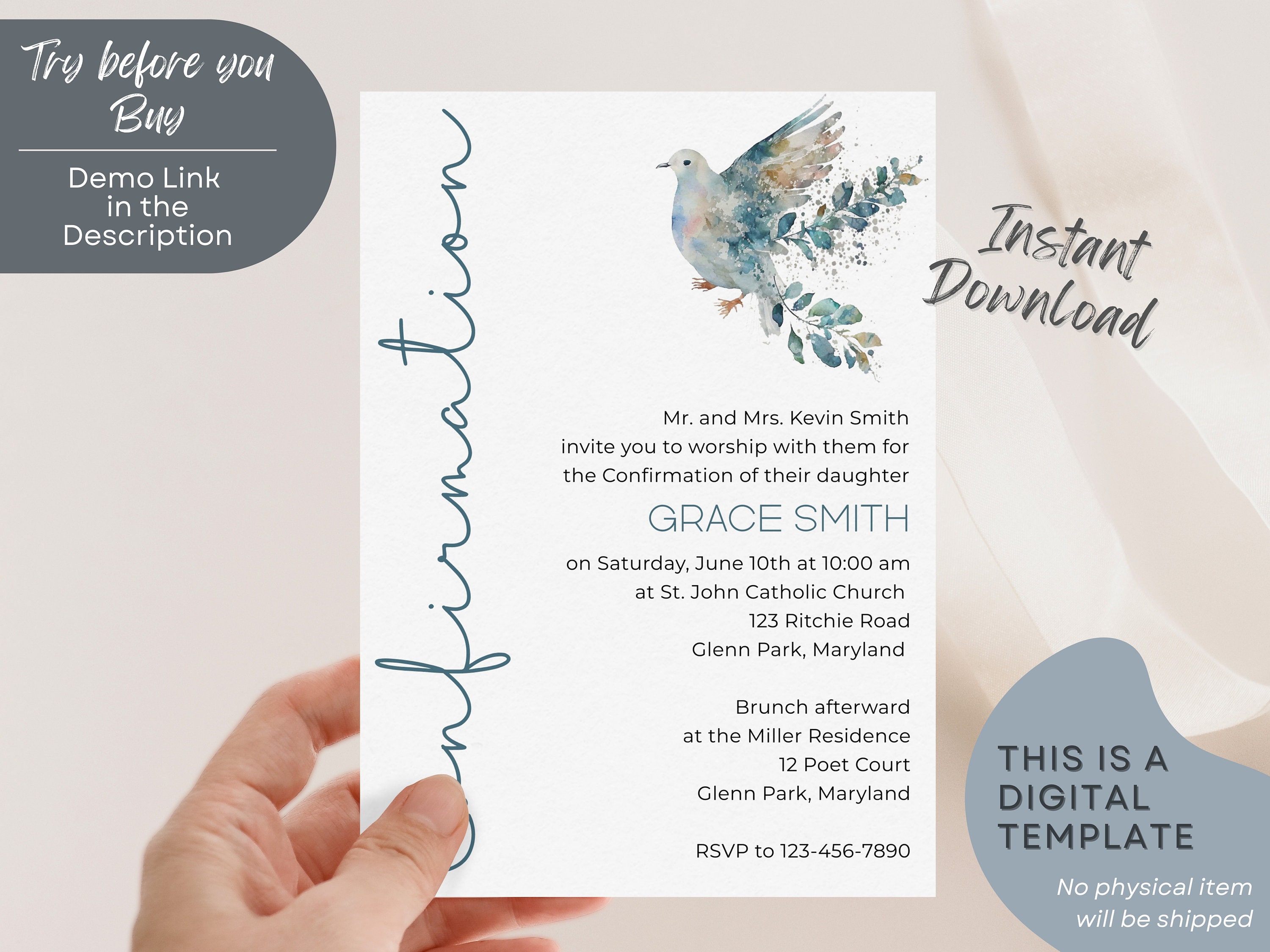 Watercolor Dove Confirmation Invitation Template: Editable Digital ...