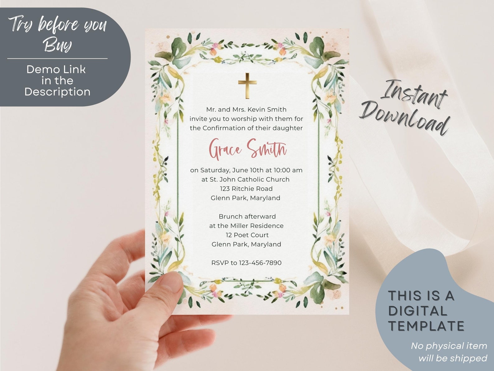 Flower Confirmation Invitation Template Editable Rustic Cross Girl ...
