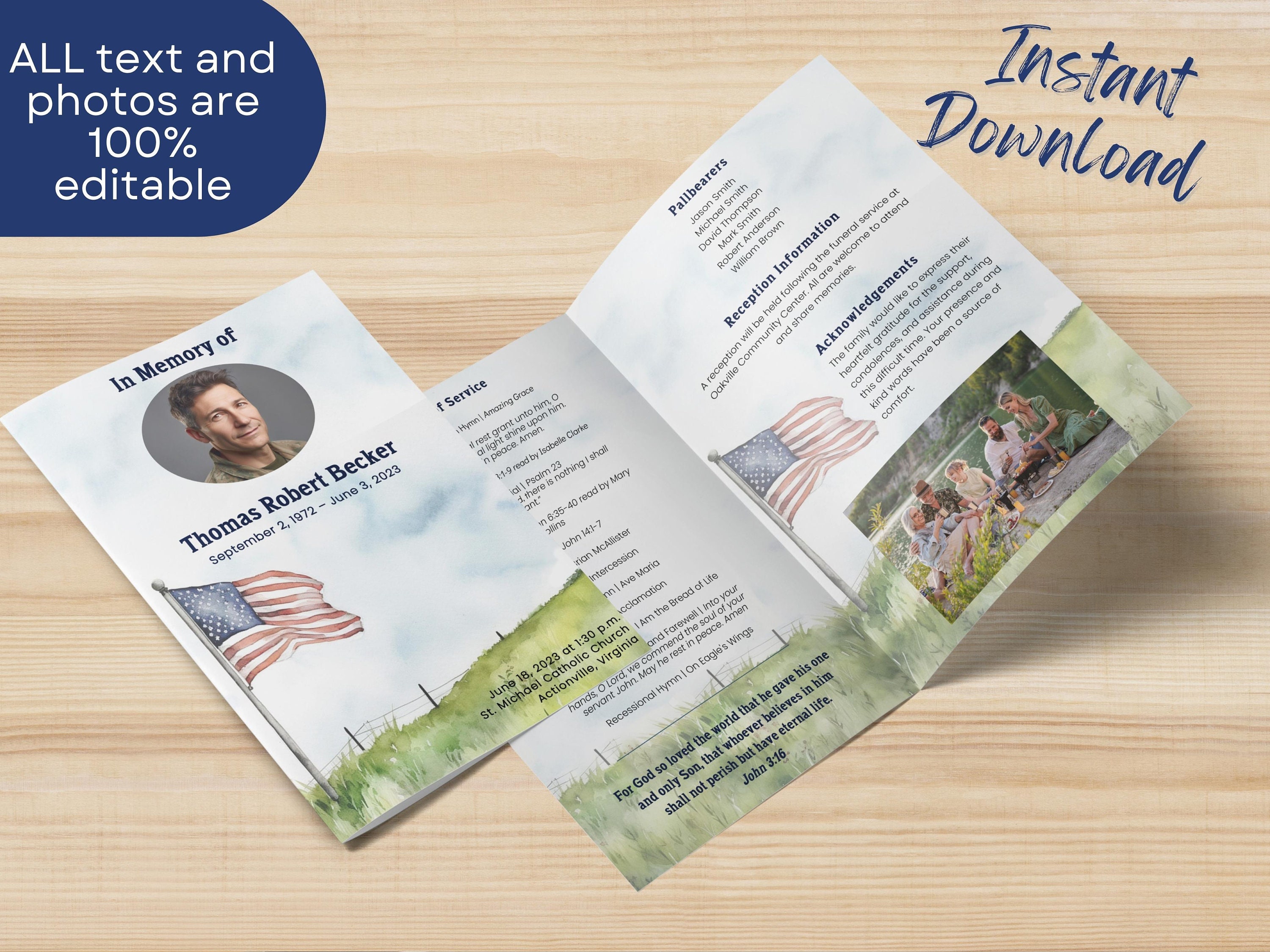 Watercolor American Flag Funeral Program Template (digital Download) - Etsy