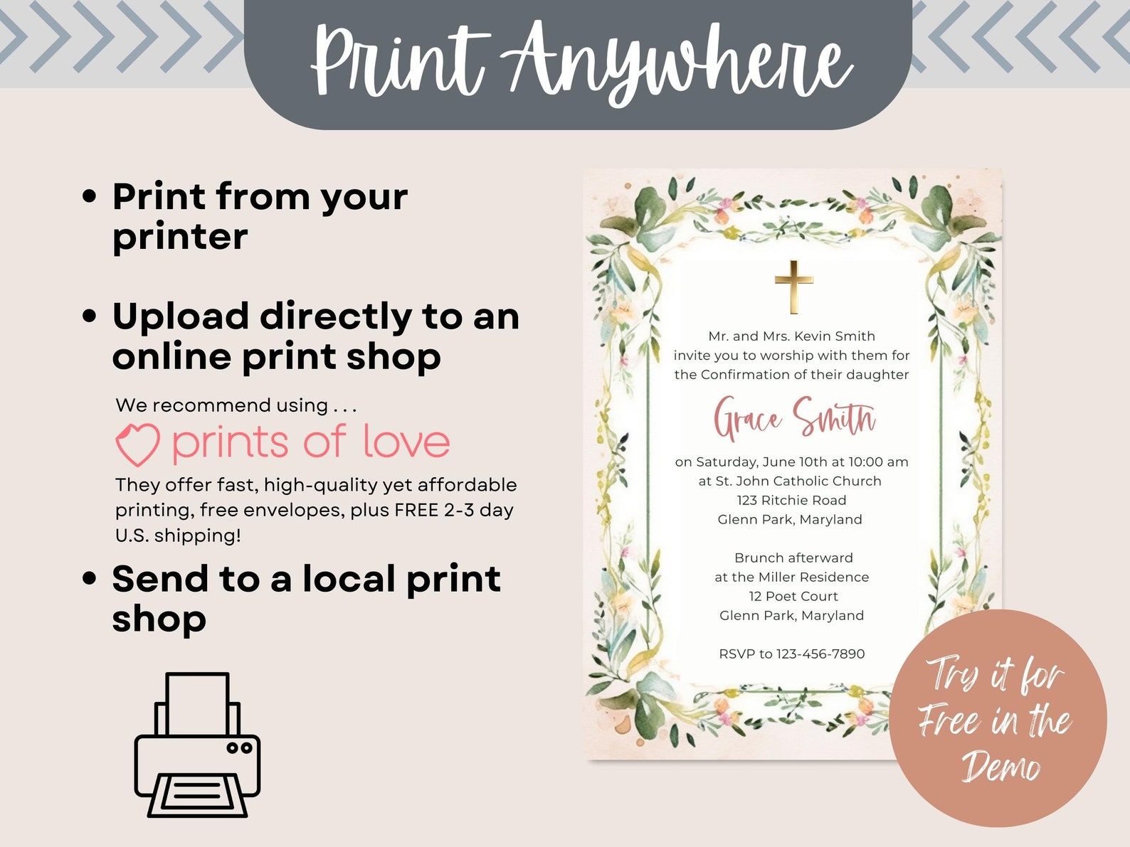 Flower Confirmation Invitation Template Editable Rustic Cross Girl ...