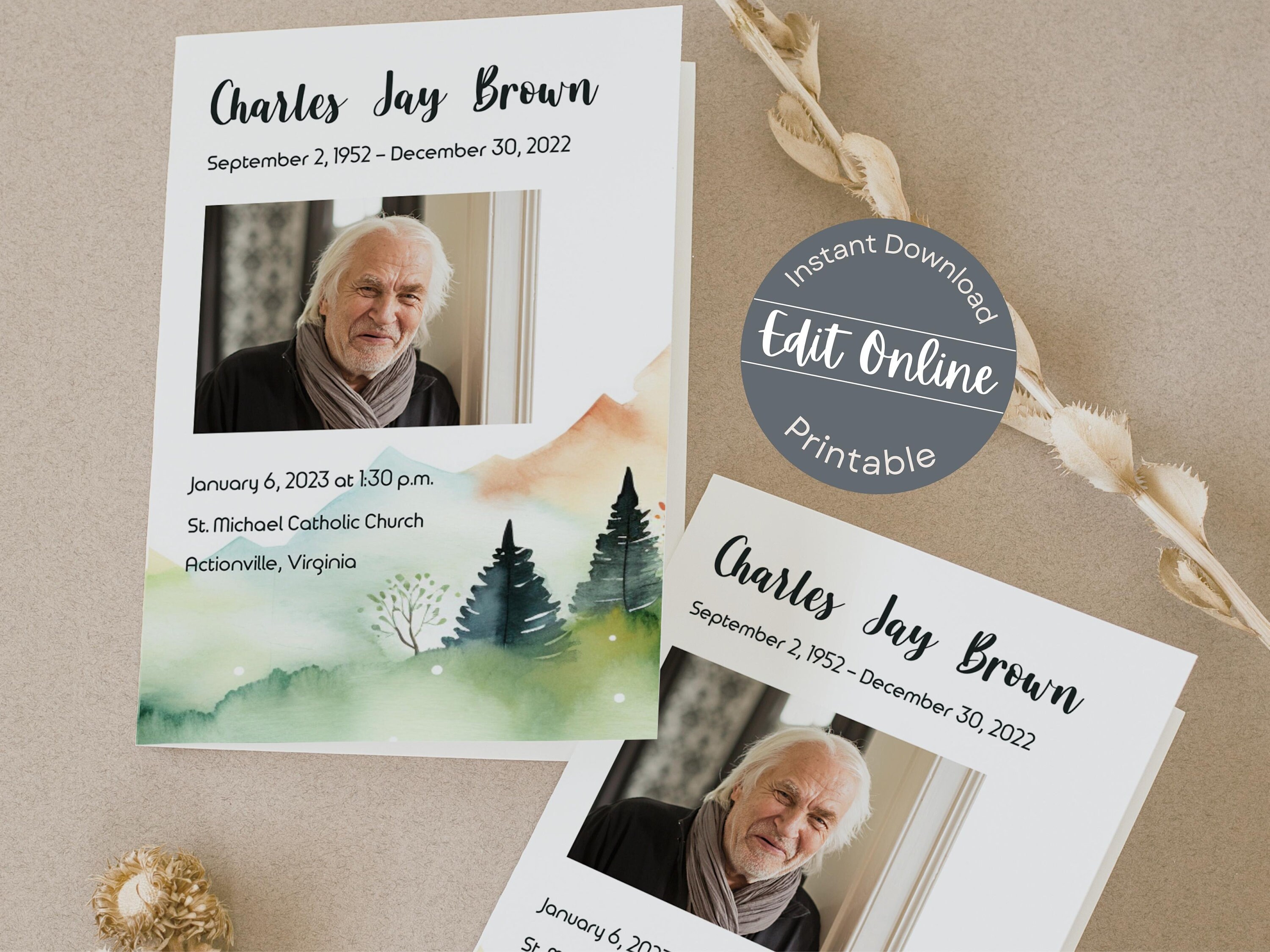 Watercolor Mountain Funeral Program Template for Man or Woman ...