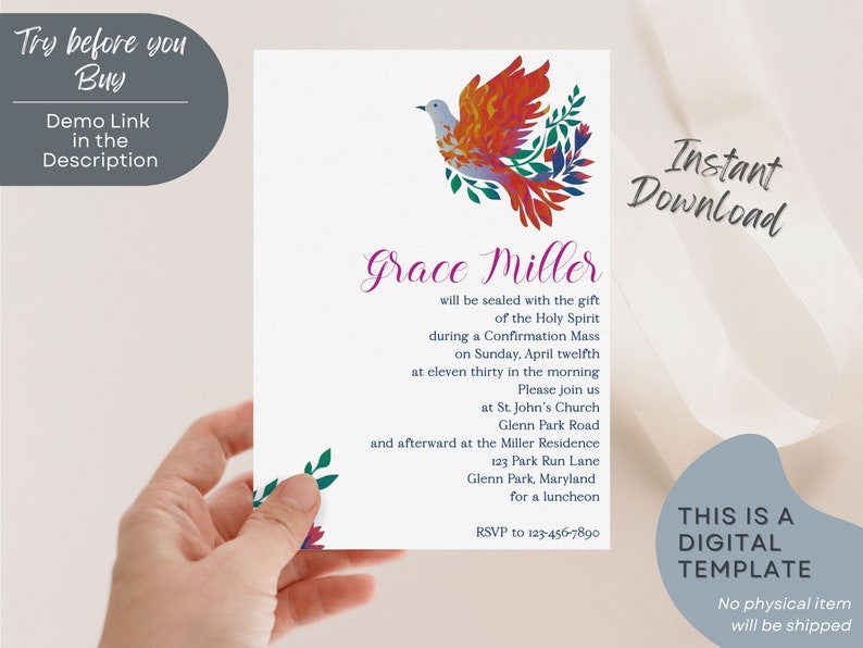 Floral Dove Confirmation Invitation Template (digital Download) - Etsy