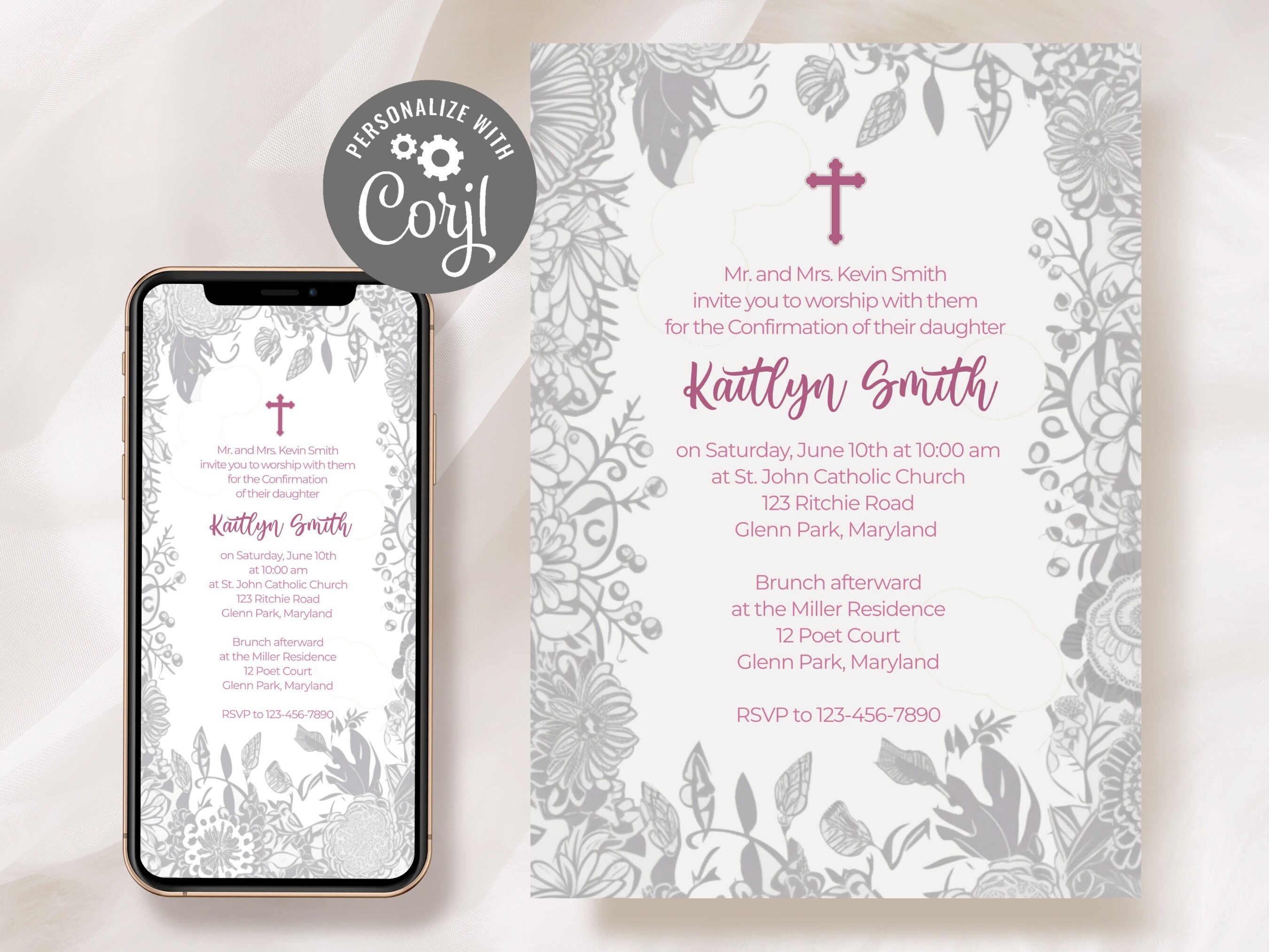 Flower Confirmation Invitation Template Editable Cross Girl - Etsy