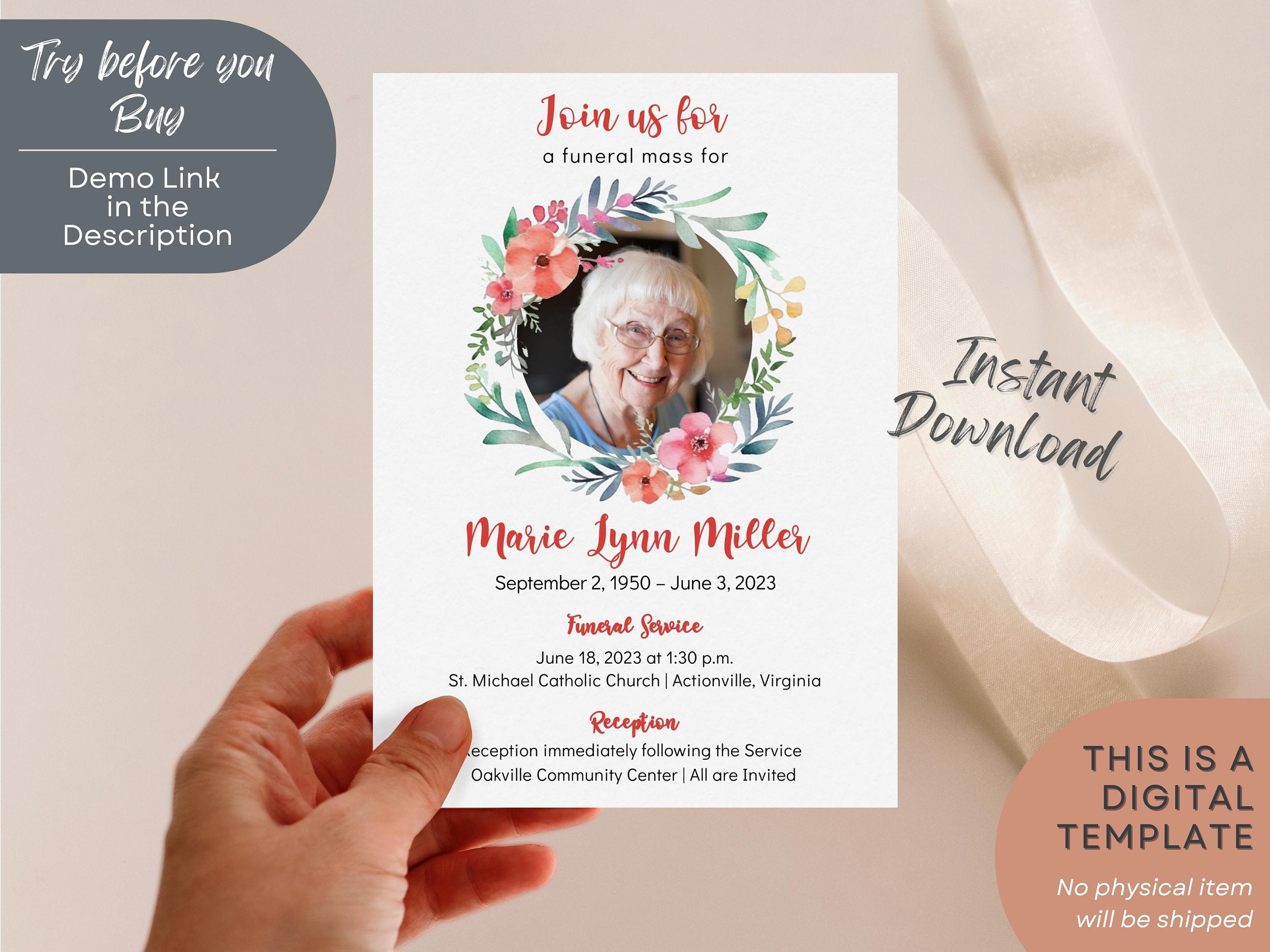 Floral Garden Funeral Invitation Template | Photo Editable Celebration ...