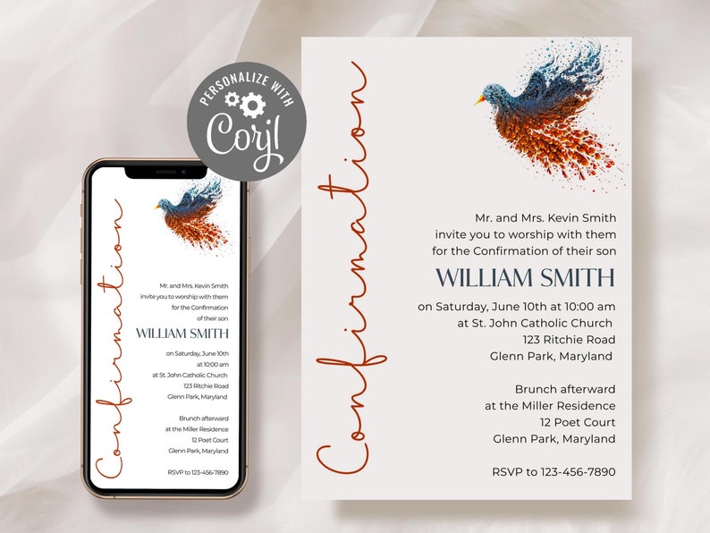 Dove Confirmation Invitation Template: Editable Holy Spirit Evite ...