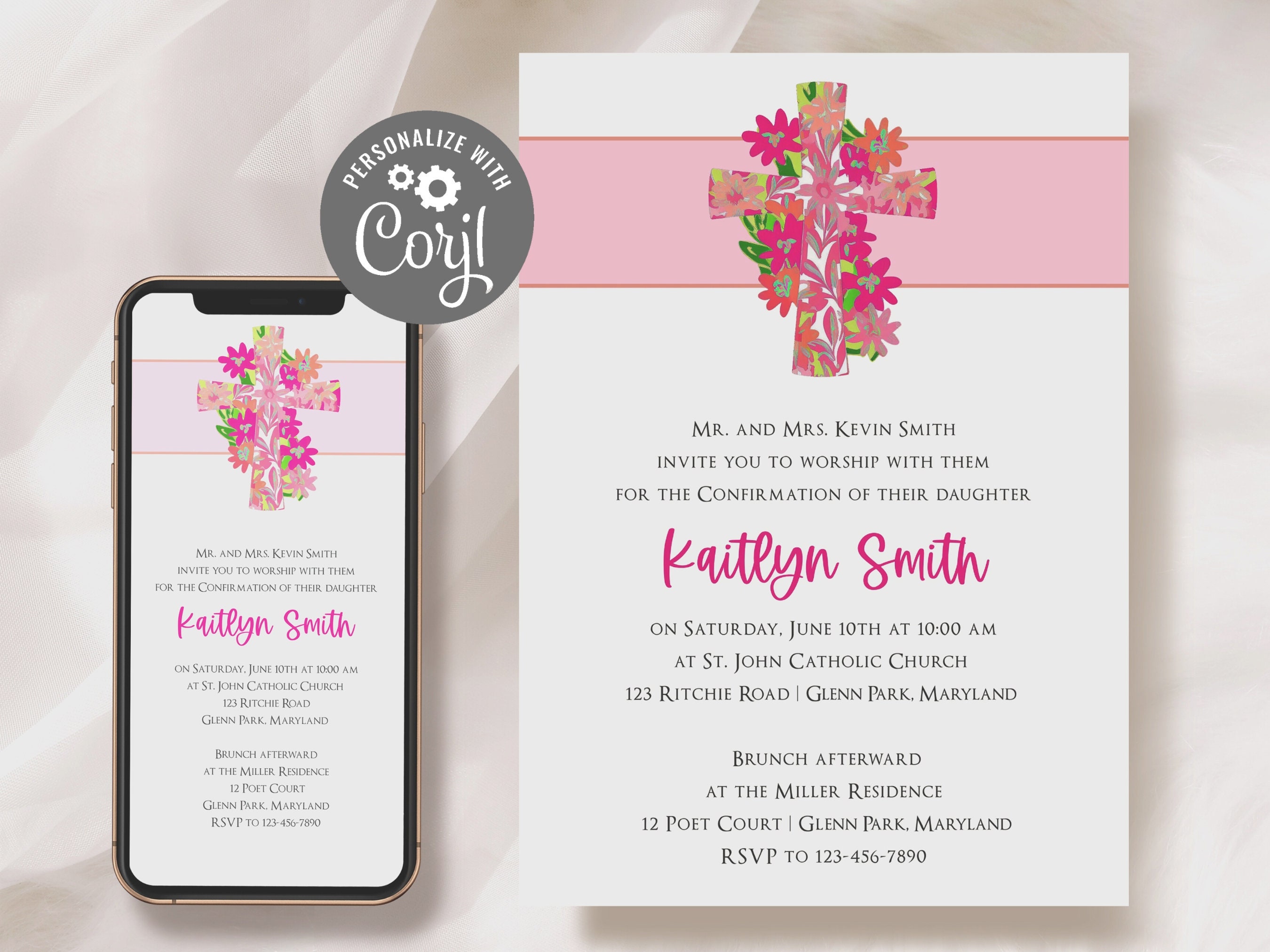 Flowers Confirmation Invitation Template Editable Pink Girl - Etsy