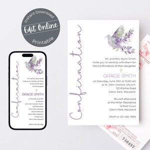 Watercolor Dove Baptism Invitation Modern Girl or Boy Printable ...