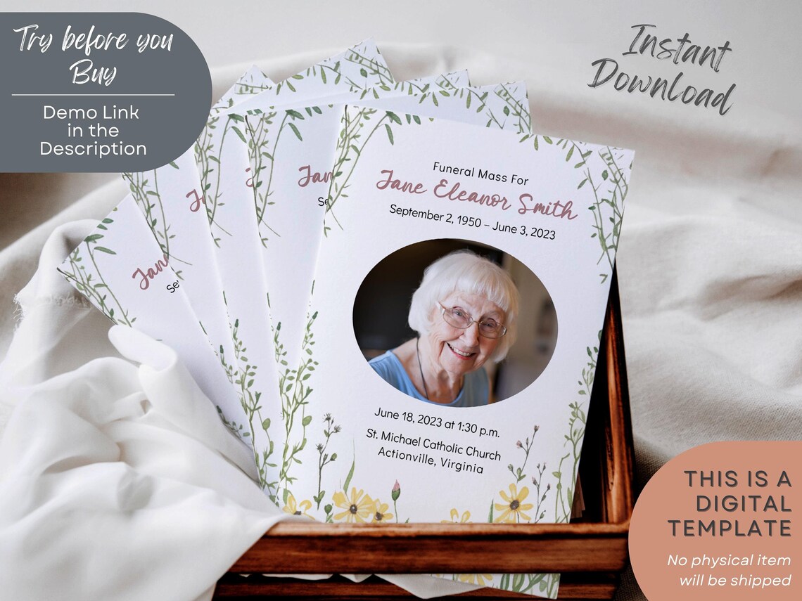 Floral Garden Funeral Program Template for Woman Editable Photo ...