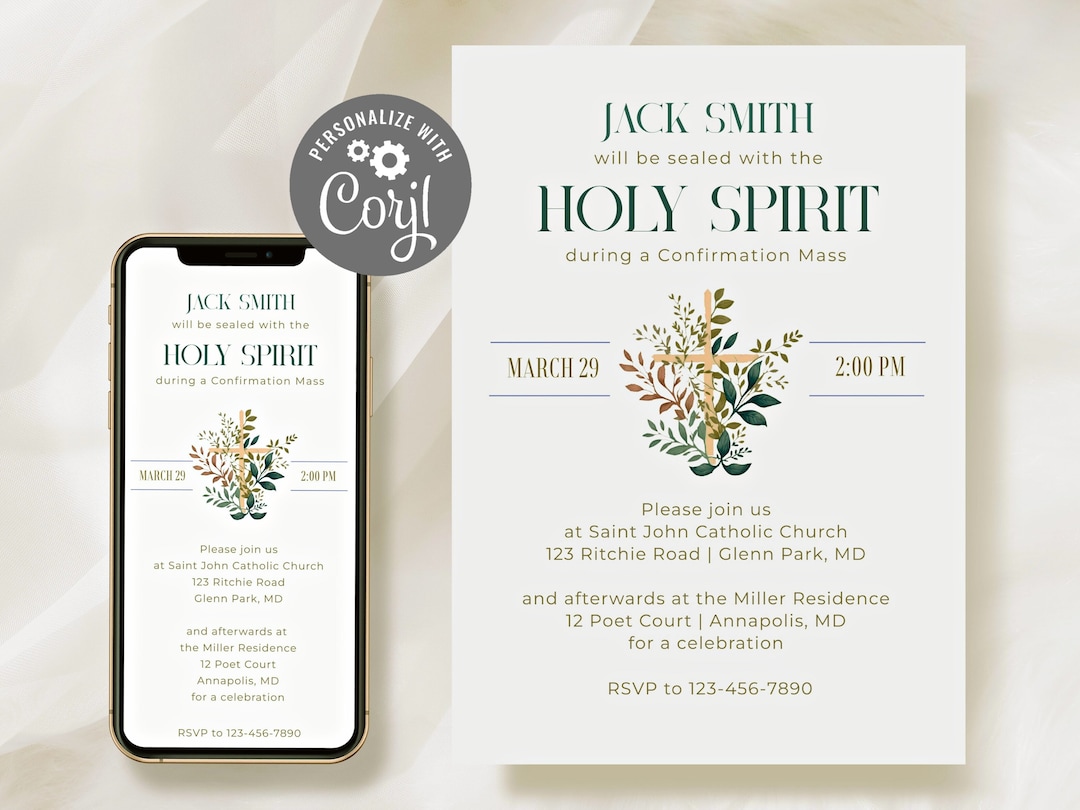 Cross Confirmation Invitation Template Editable Leaves Boy Confirmation ...