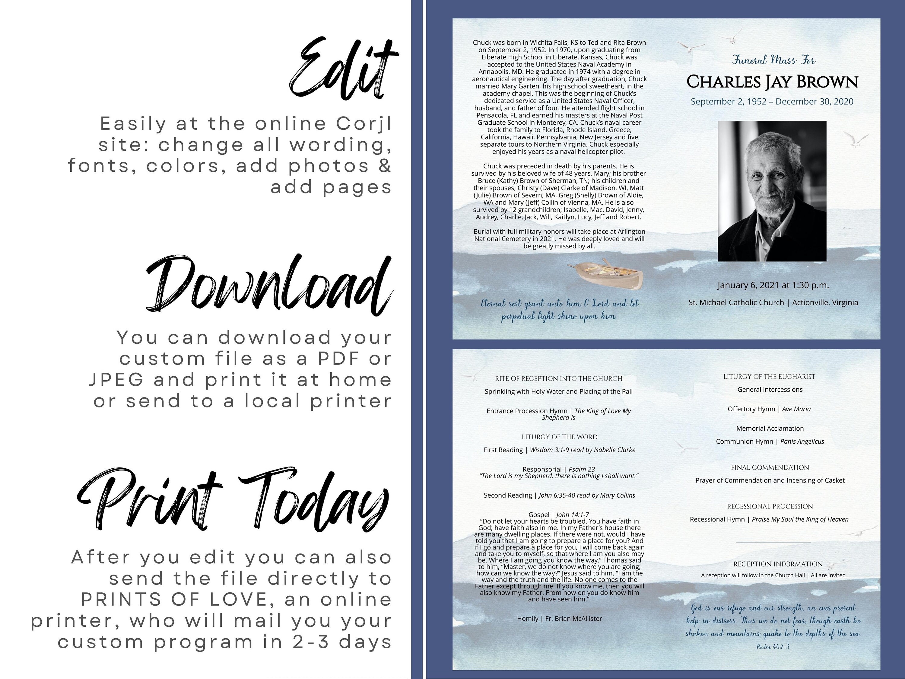 Nautical Ocean Funeral Program Template for Man or Woman Editable Photo ...