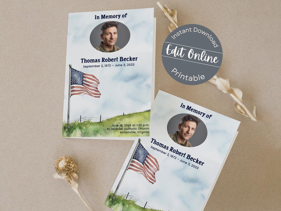 Watercolor American Flag Funeral Program Template | Man or Woman ...