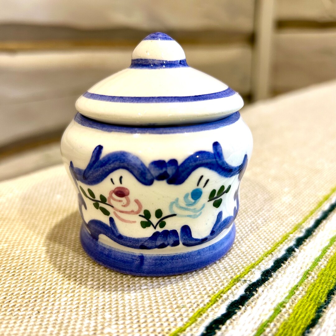 Collectible 1960s Small Ceramic Pot With Lid | Hand-painted Blue Floral ...