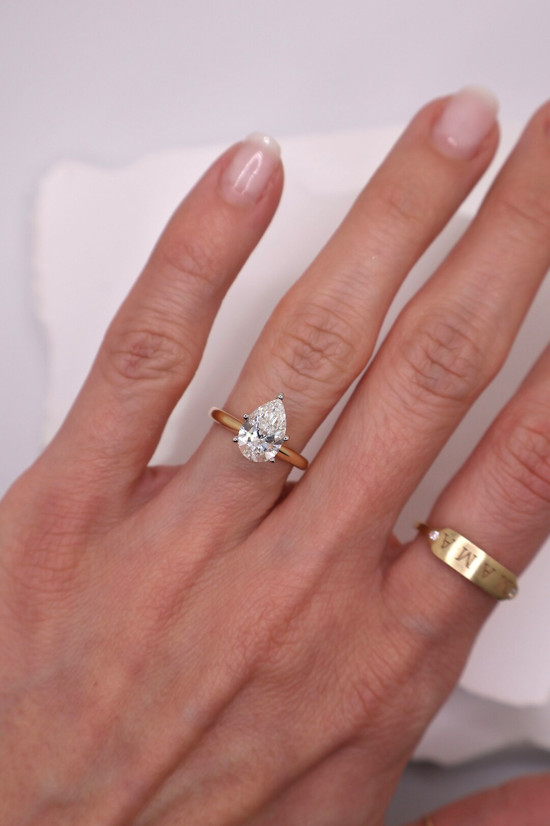 1.50 Carat Pear Cut Diamond Solitaire Engagement Ring, White and Yellow ...