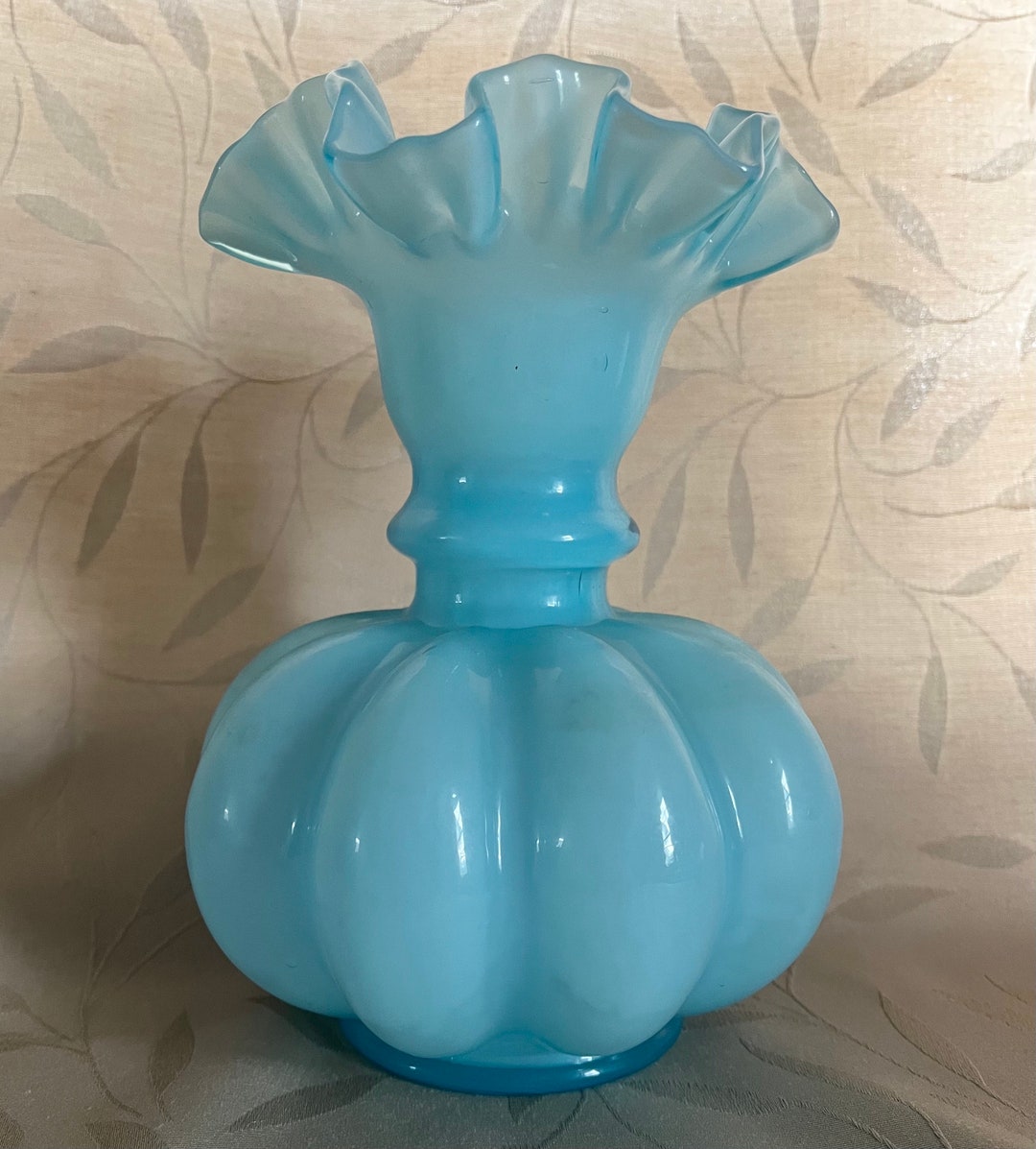 Blue Fenton Melon Vase, Blue Fenton Glass Vase, Fenton Aqua Glass, Aqua ...