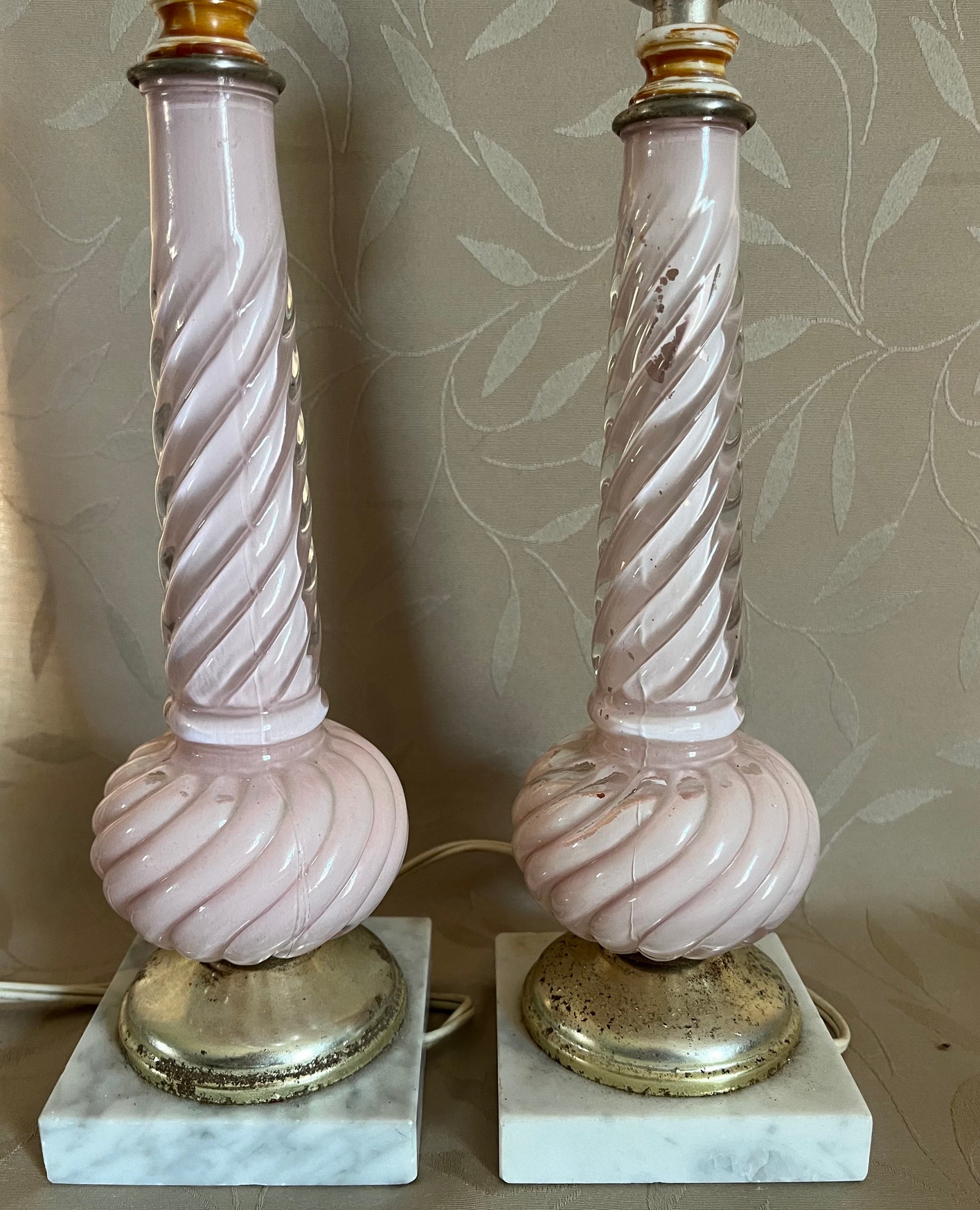 Pair Mid Century Table Lamps, Pink Table Lamps, Pink Reverse Pained ...