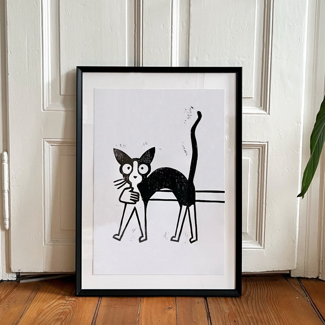 Linocut Print grab the Cat Linocut - Etsy