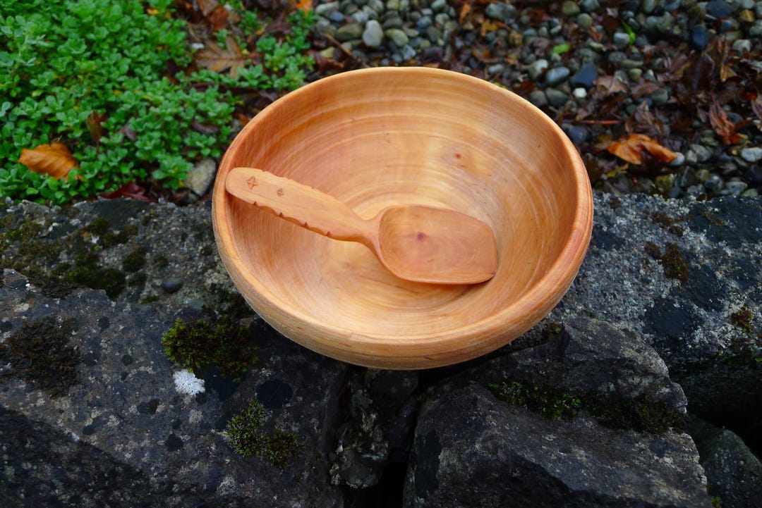 Bowl Combo, Birch Wood Pole-lathe Turned Bowl & Pearwood Hand-carved ...
