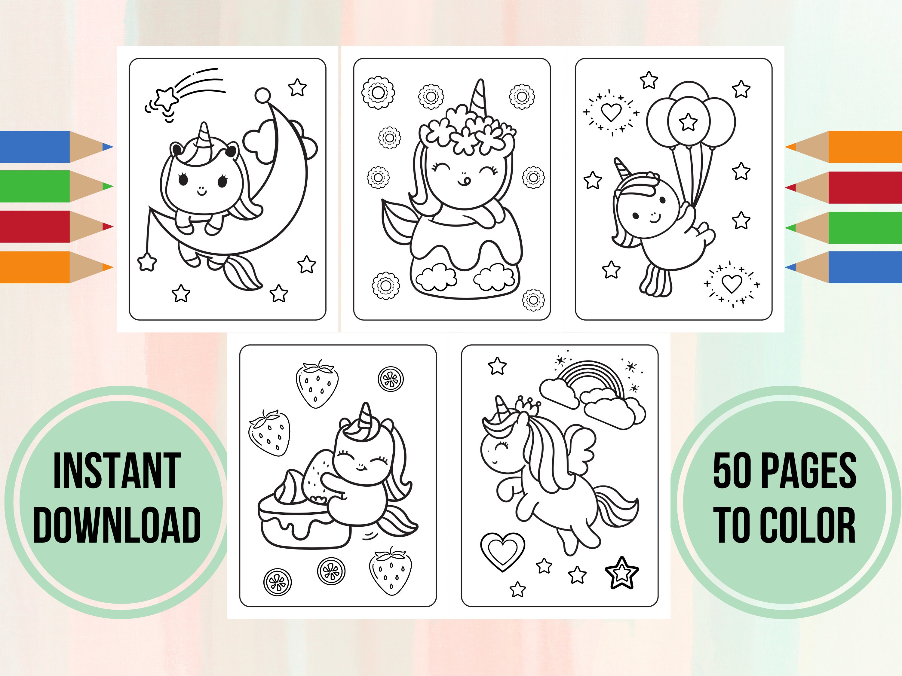 Printable Unicorn Coloring Pages, Cute Unicorn Coloring Sheets, Kawaii ...