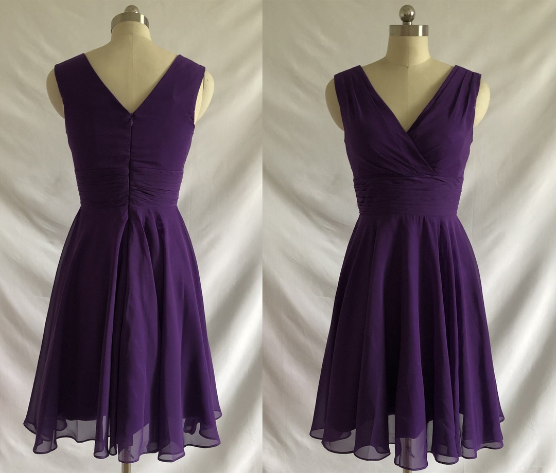 Straps V Neck Zipper Back A Line Knee Length Purple Chiffon - Etsy Canada