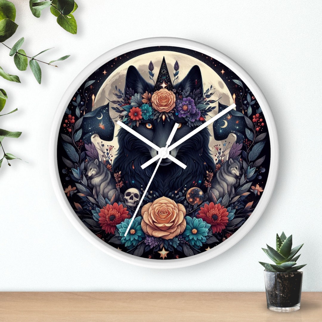 Wolves Cat Moon Forest Gothic Witch Pagan Wall Hanging Clock Decor ...