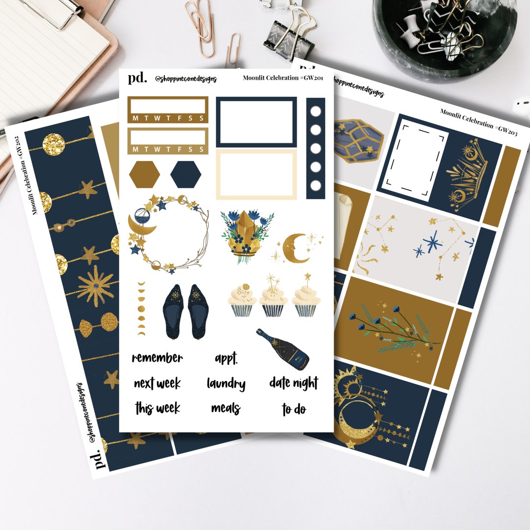 Celestial Celebration Weekly Kit, New Years Eve Sticker Kit, Erin Condren, Cosmos Planner Spread ...