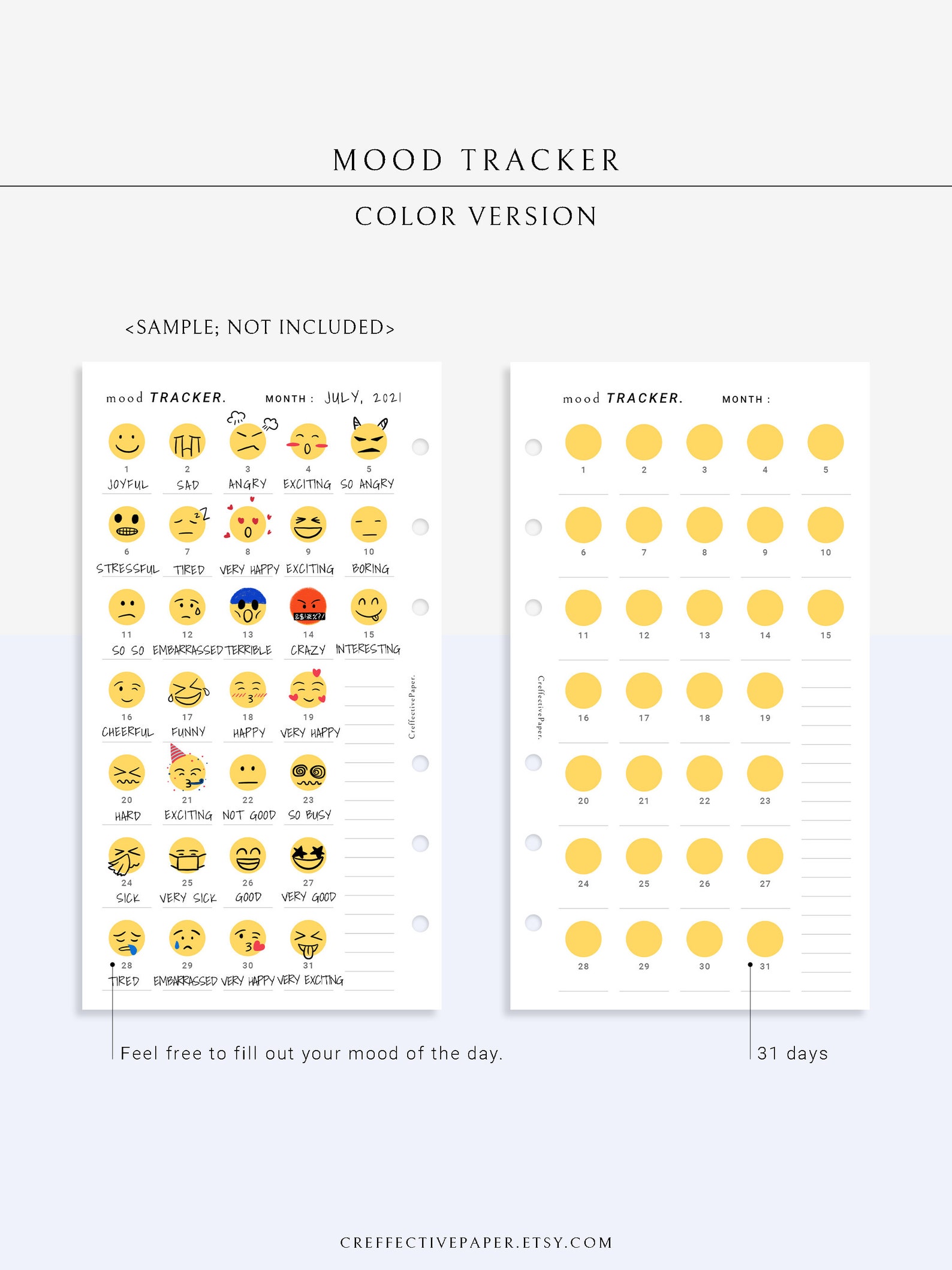 Monthly Emoji Mood Tracker Printable Template for Bullet | Etsy