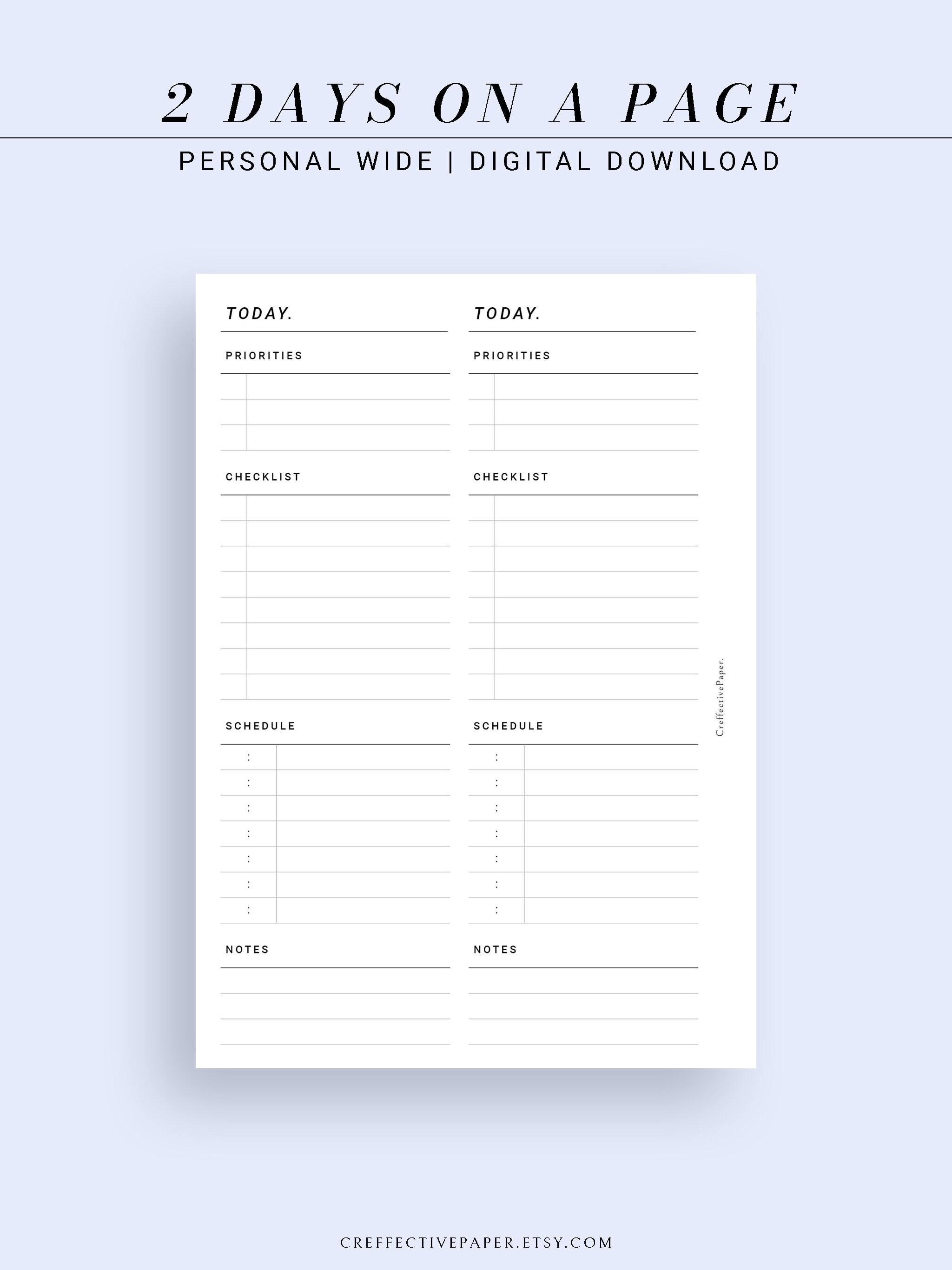 Daily Planner Printable 2 Days on a Page Hourly Schedule | Etsy