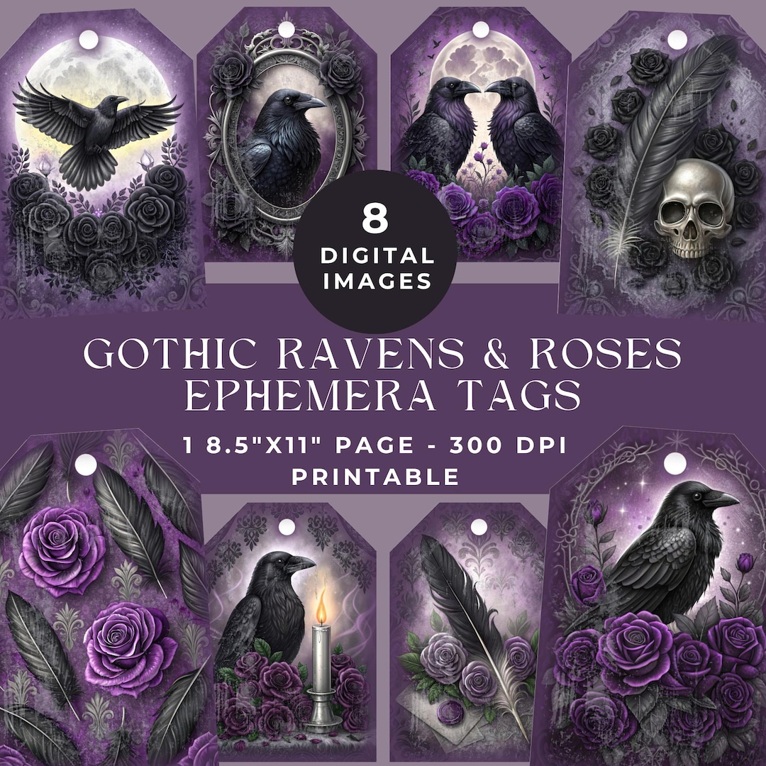 Gothic Ravens and Roses Printable Ephemera Gift Tags: 8 Moody Floral ...