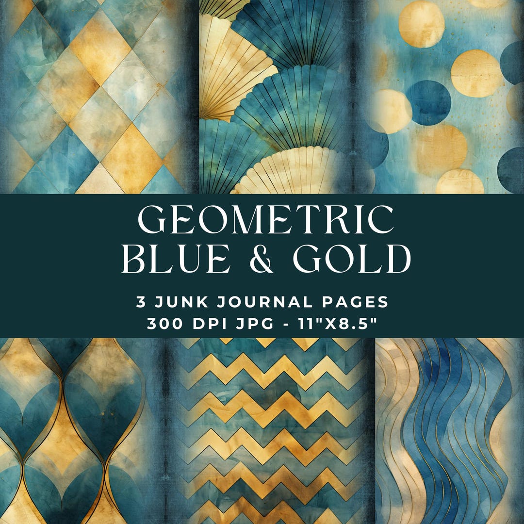 Blue and Gold Junk Journal Page, Geometric Paper, Junk Journal Kit ...