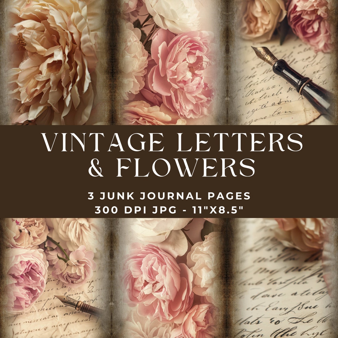 Vintage Flowers Junk Journal Page, Old Letters Digital Paper, Junk ...