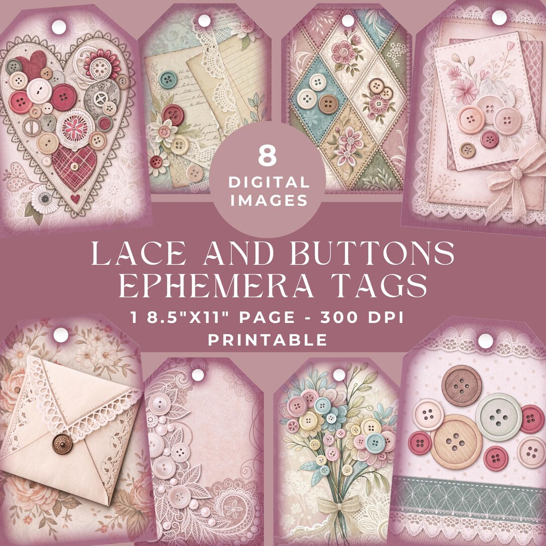 Lace and Button Ephemera, Shabby Chic Gift Tags, Digital Download, Printable Ephemera, Junk ...