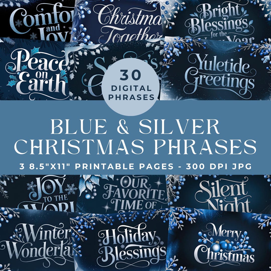 Blue and Silver Christmas Words, Holiday Ephemera, Christmas Printables ...