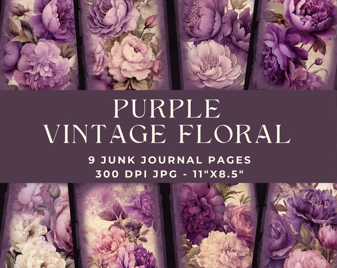 Purple Vintage Floral Junk Journal Pages, Digital Paper, Printable ...