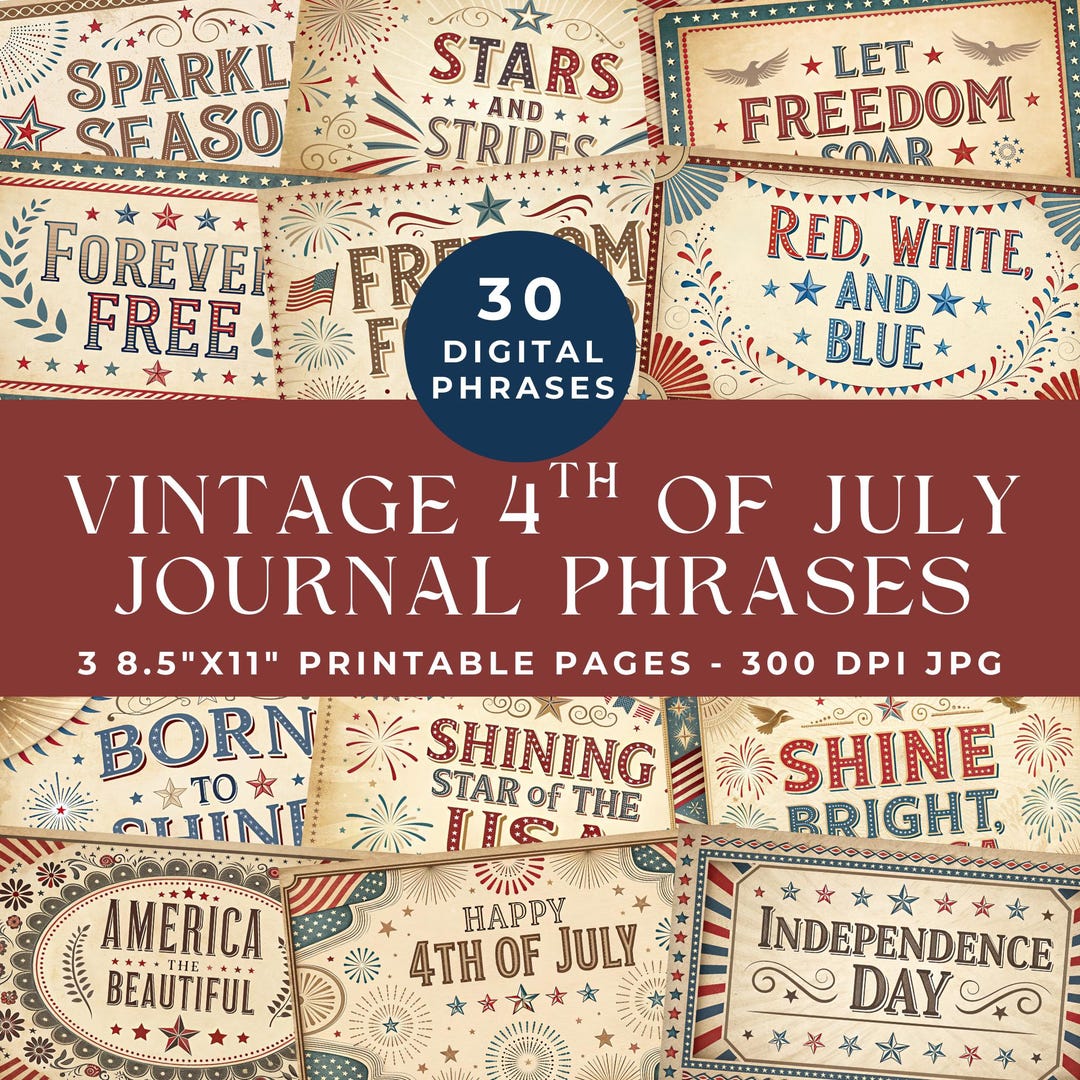 Vintage 4th of July Junk Journal Words, Fourth of July Phrases, USA ...