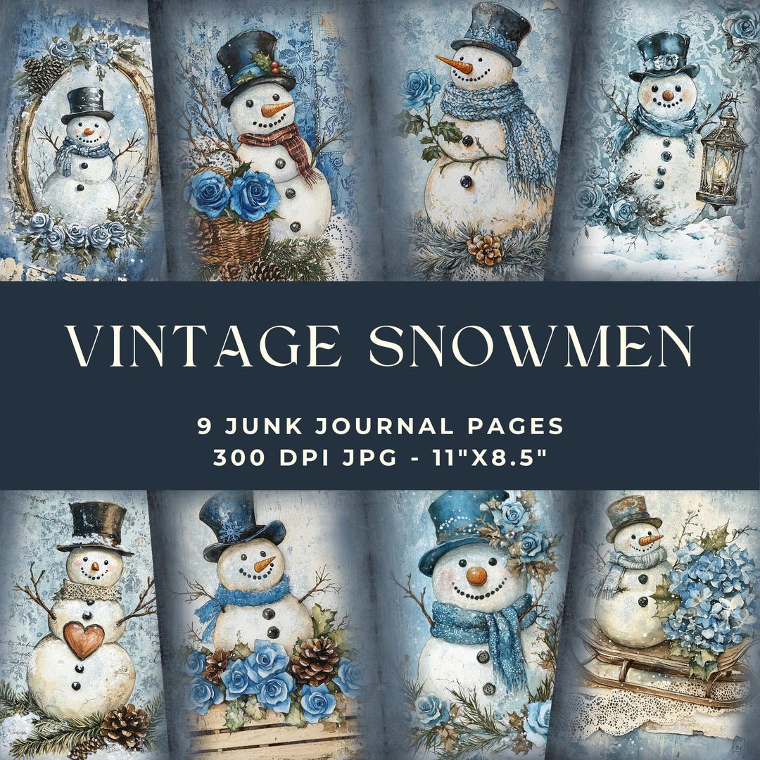 Vintage Snowman Junk Journal Kit: Blue Flowers Winter Christmas ...