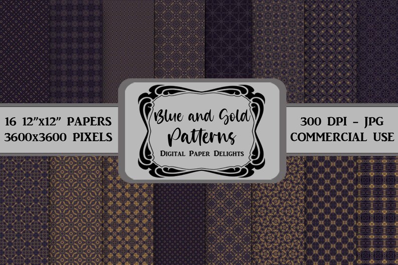 Blue and Gold Patterns Digital Paper Printable Paper - Etsy