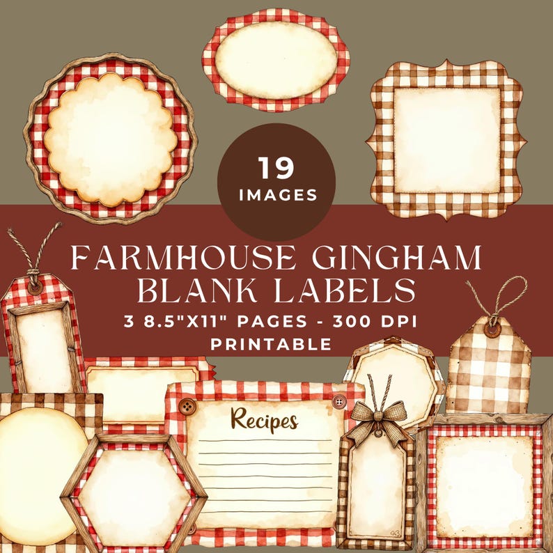 Gingham Farmhouse Blank Labels: Rustic Watercolor Printable Ephemera ...