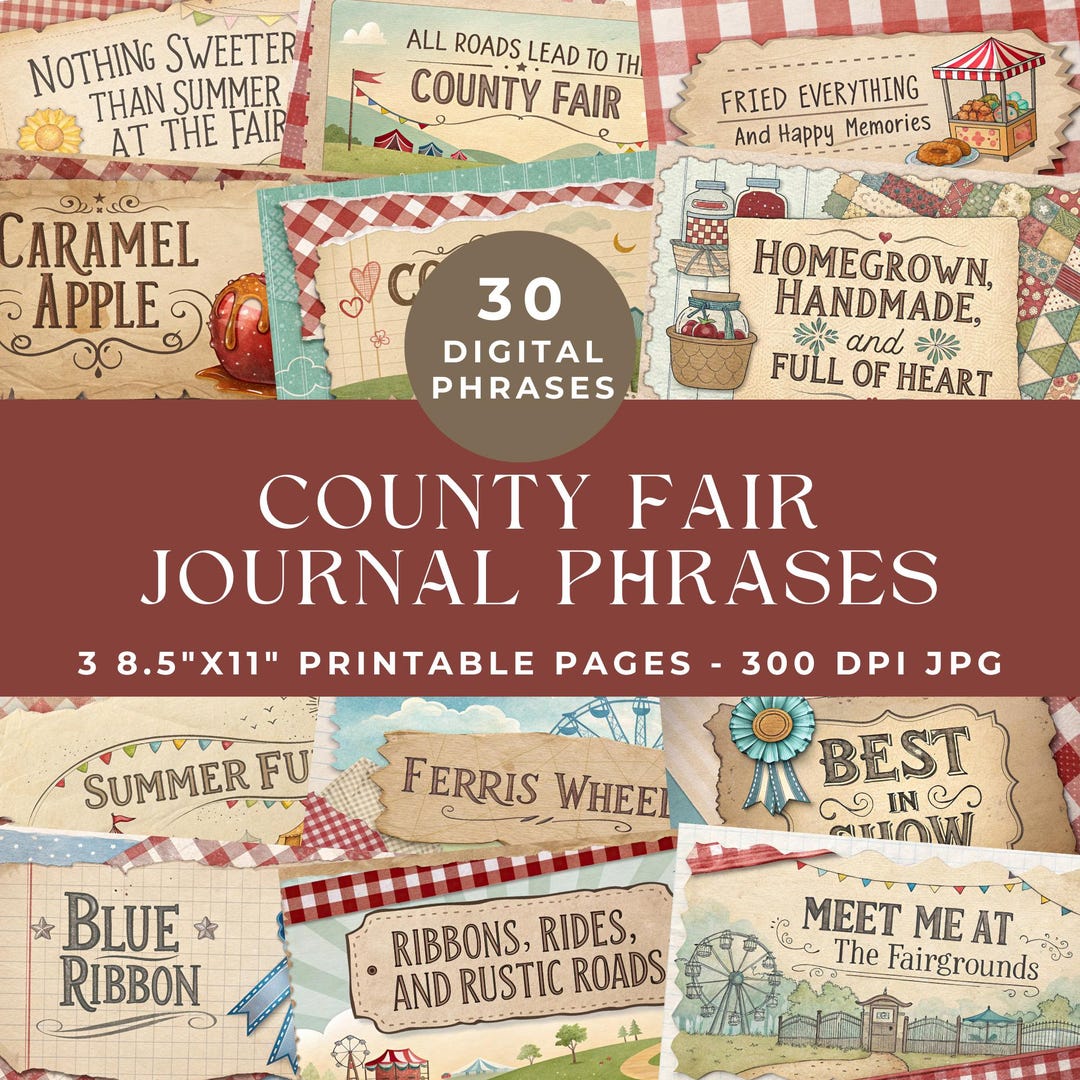 County Fair Junk Journal Words, Red Gingham Fairgrounds Phrases, State Fair Summer Printable ...