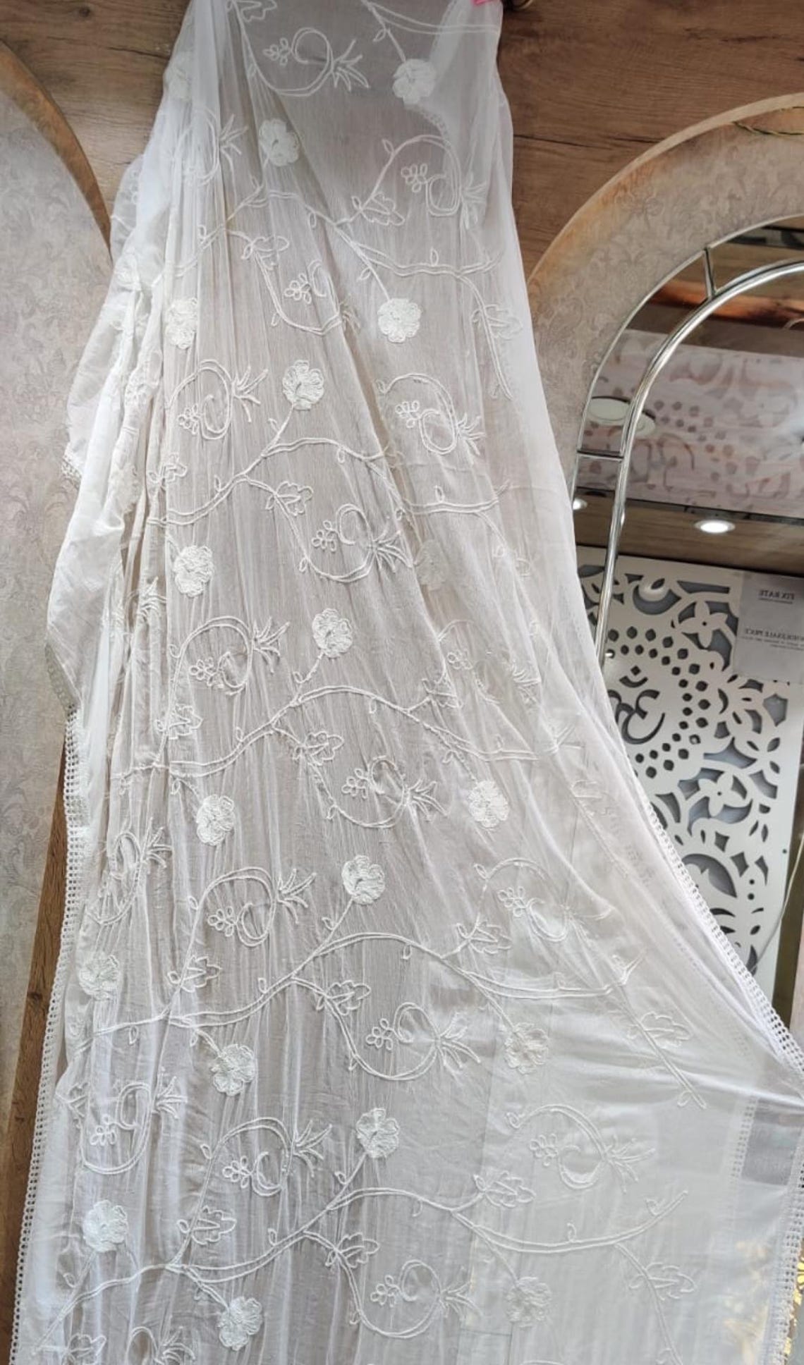 White Chikankari Aari Work Soft Chiffon Dupatta With Crochet Lace - Etsy